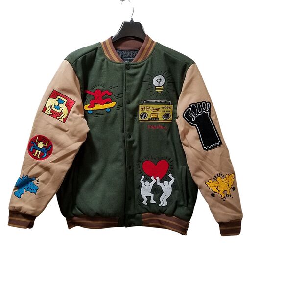 Reason x Keith Haring | Jackets & Coats | Keith Haring Varsity Jacket Mens Holding Hands Green ...